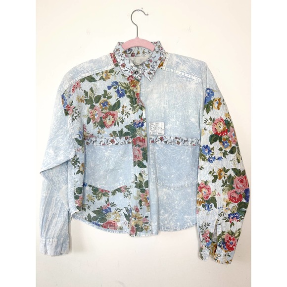 Vintage | Tops | Vintage Chambray Floral Patchwork Buttondown Blouse | Poshmark